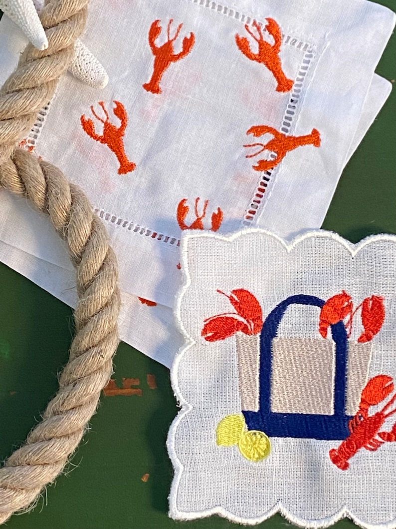 Embroidered Crawfish/lobster Cocktail Napkins Summer Party - Etsy