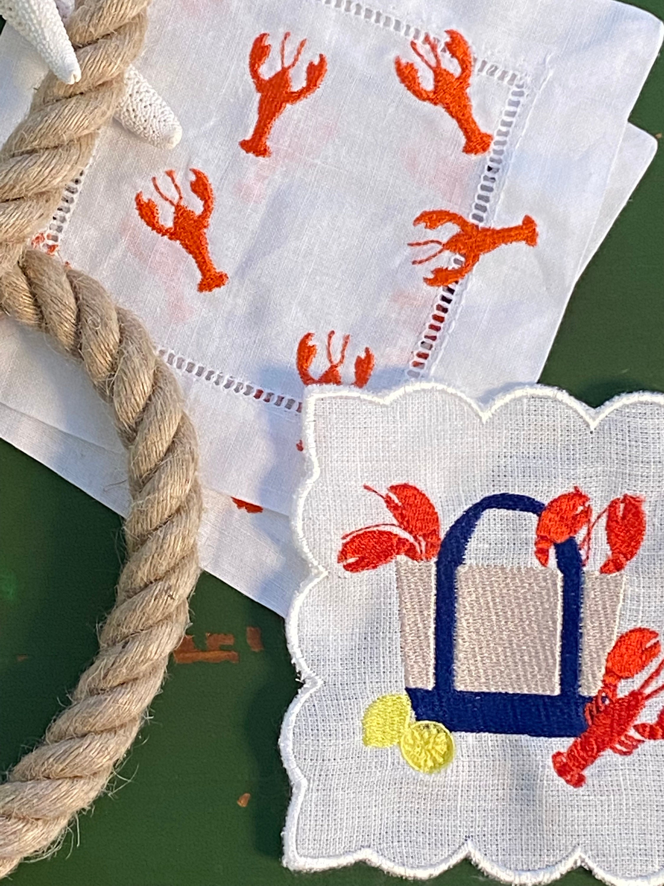 Embroidered Linen Cocktail Napkins: Crawfish & Beach Bag, Monogrammed ...