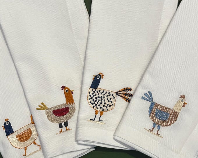 Embroidered Chicken Dinner Napkins: Rustic White Cotton Linen Blend ...