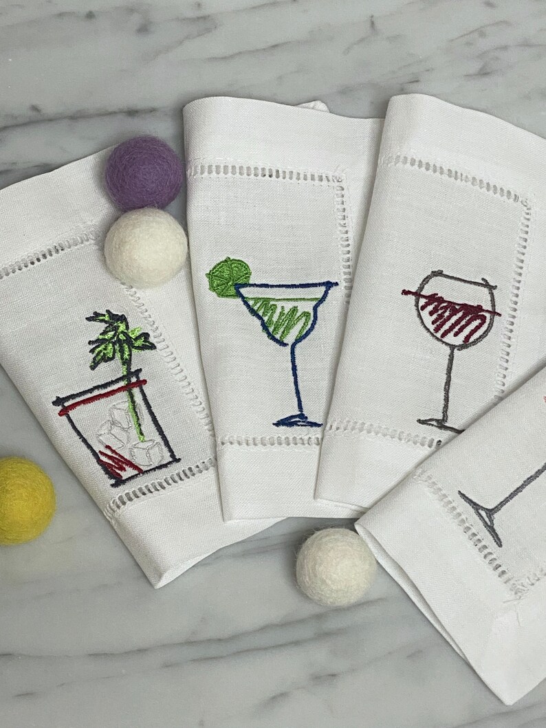 Embroidered Linen Cocktail Napkins: Bar Cart Decor, Set of 4 - Etsy