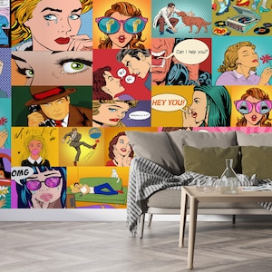 Pop Art Faces | Peel and Stick | Retro Pop Art | Art Deco Wallpaper ...