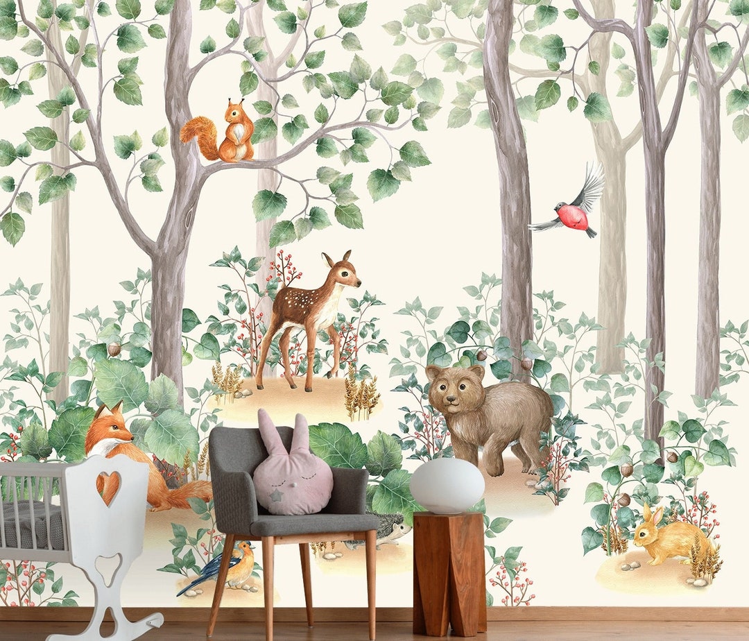 Woodland With Animals -kid Room Wallpaper -peel and Stick -wall Decore ...