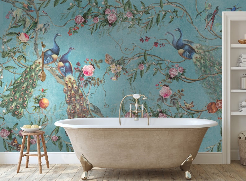 Peacock & Rose Wallpaper: Art Deco Chinoiserie Peel and Stick - Etsy