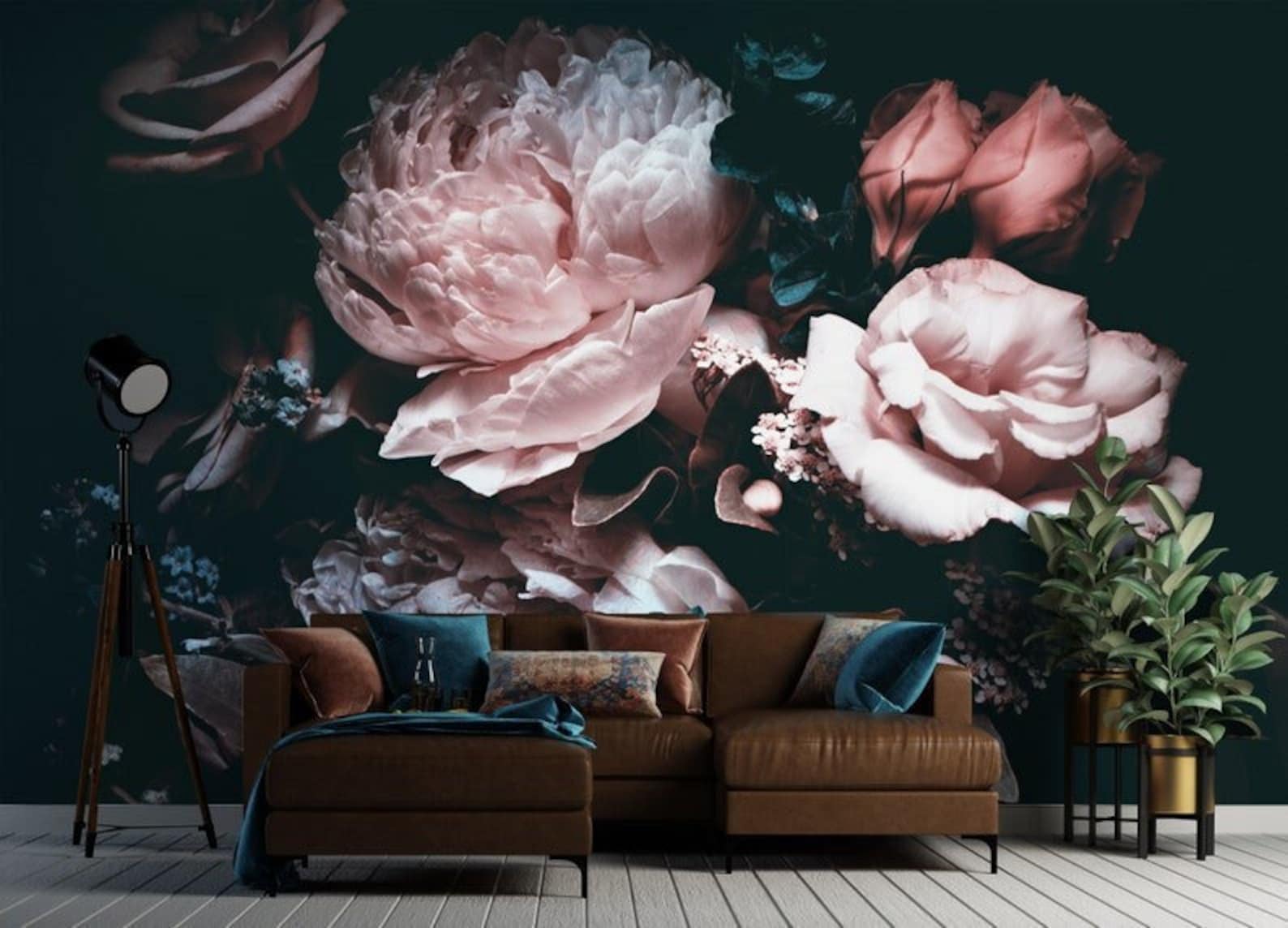 Dark Floral Wallpaper Peony Wallpaper removable peel and - Etsy