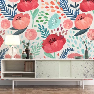 Poppy Wallpaper | Watercolor Floral Wallpaper | Peel and Stick | Art ...