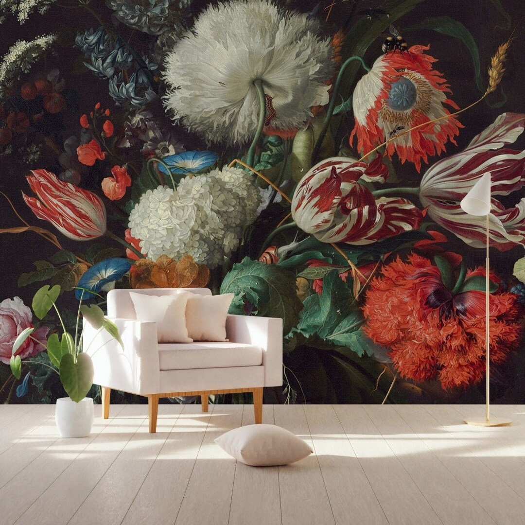 Dark Floral Wallpaper: Dutch Bouquet Peel and Stick Art Deco Mural - Etsy