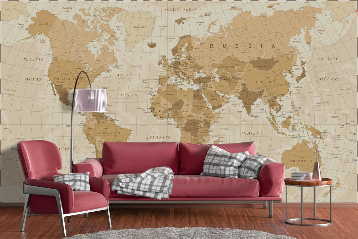 World Map Wallpaper Map Wall Mural Peel and Stick - Etsy
