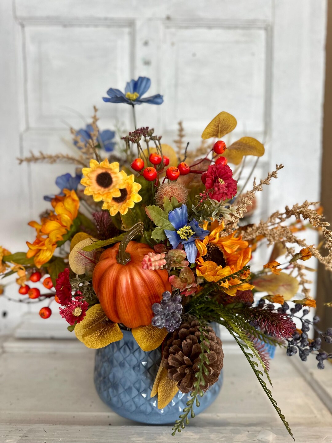 Blue Vase Fall Centerpiece: Rustic Thanksgiving Decor - Etsy