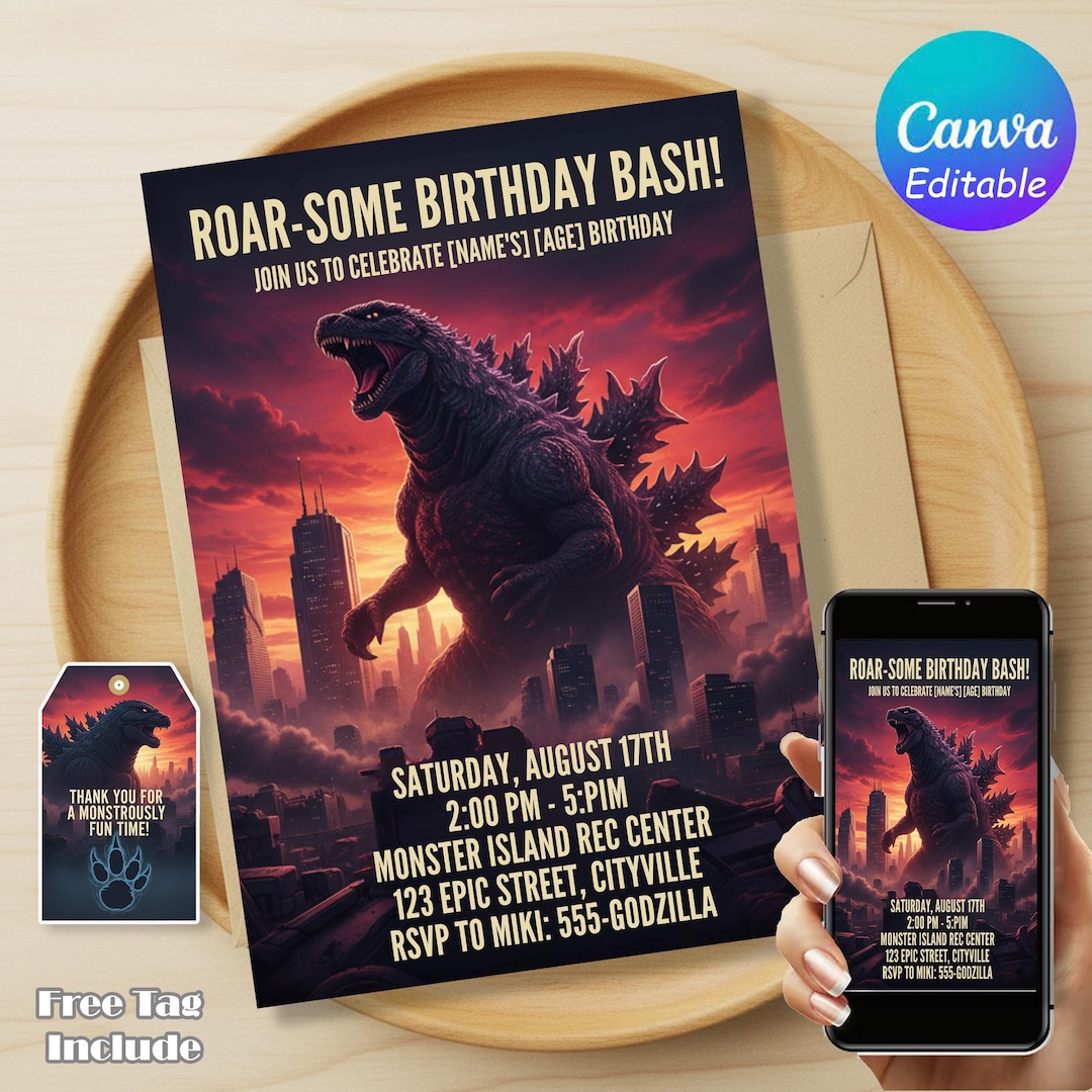 Editable Godzilla Birthday Invitation, Kaiju Movie Party Template, Epic ...