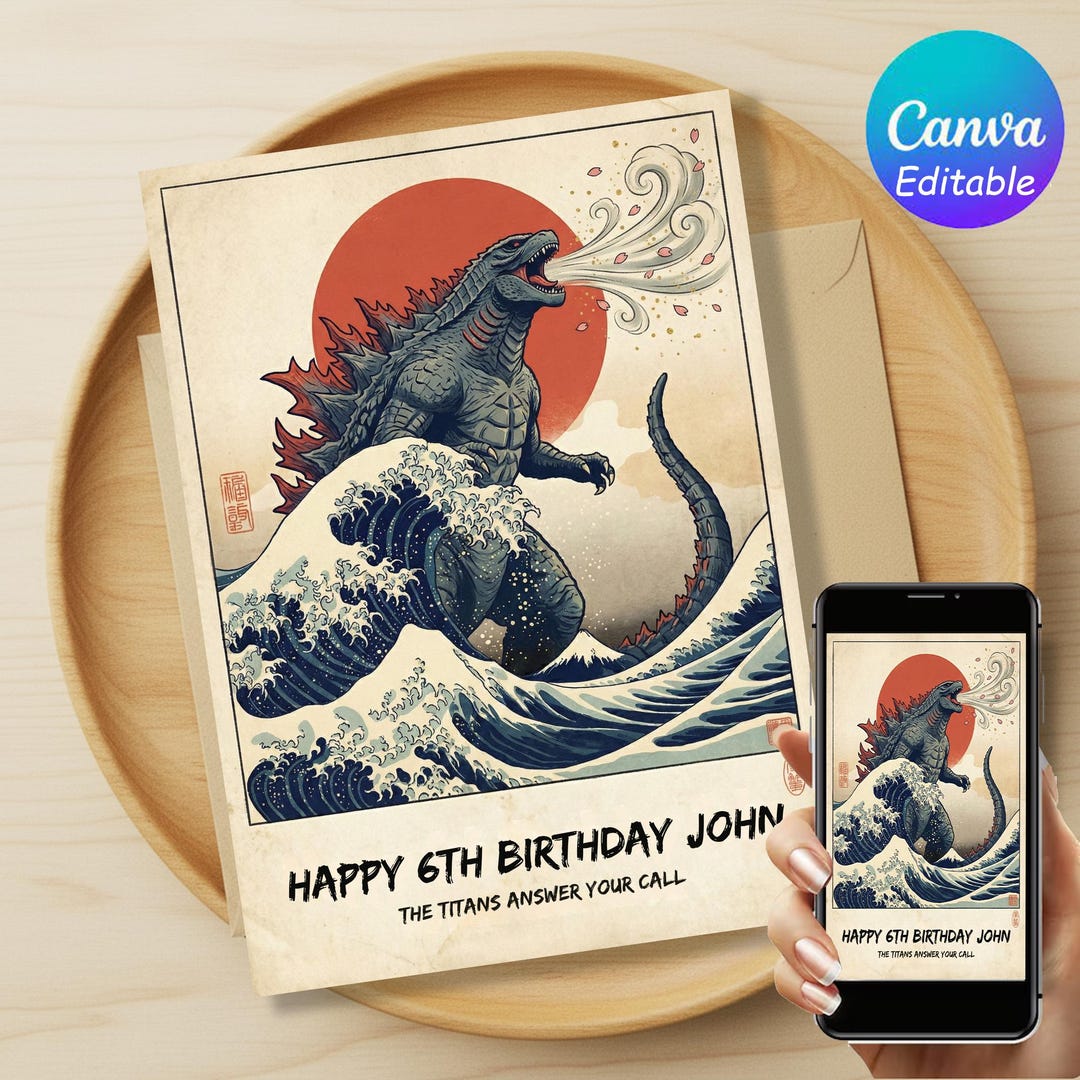 Godzilla Birthday Card, Kaiju Art Greeting Card, Editable Monster ...
