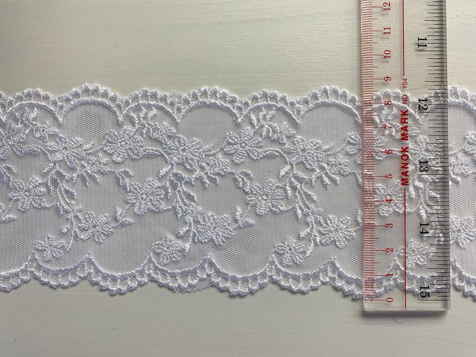 Floral Double Scalloped Edge Embroidered Tulle Lace Trim, Rayon, 3 1/2 ...