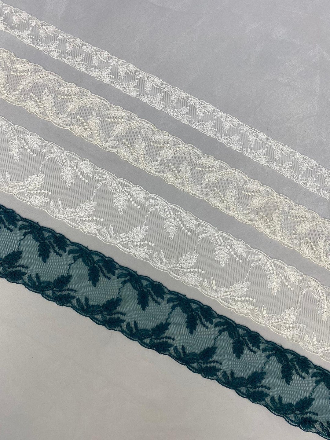 Floral Double Scalloped Edge Embroidered Tulle Lace Trim, Rayon, 1" 1 3 ...