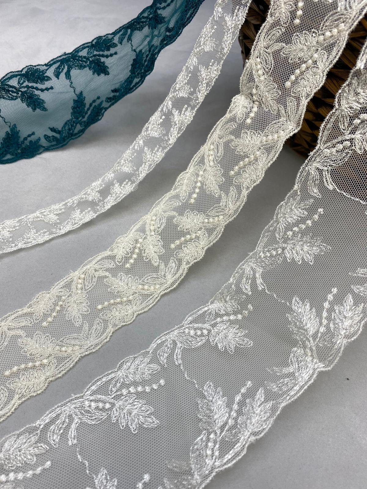 Floral Double Scalloped Edge Embroidered Tulle Lace Trim, Rayon, 1 1 3/ ...