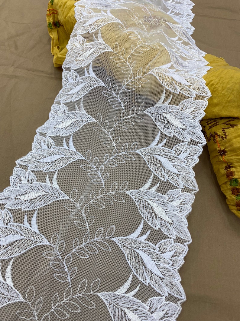 White Leafy Galloon Scalloped Edge Embroidered Tulle Lace Trim, Rayon ...