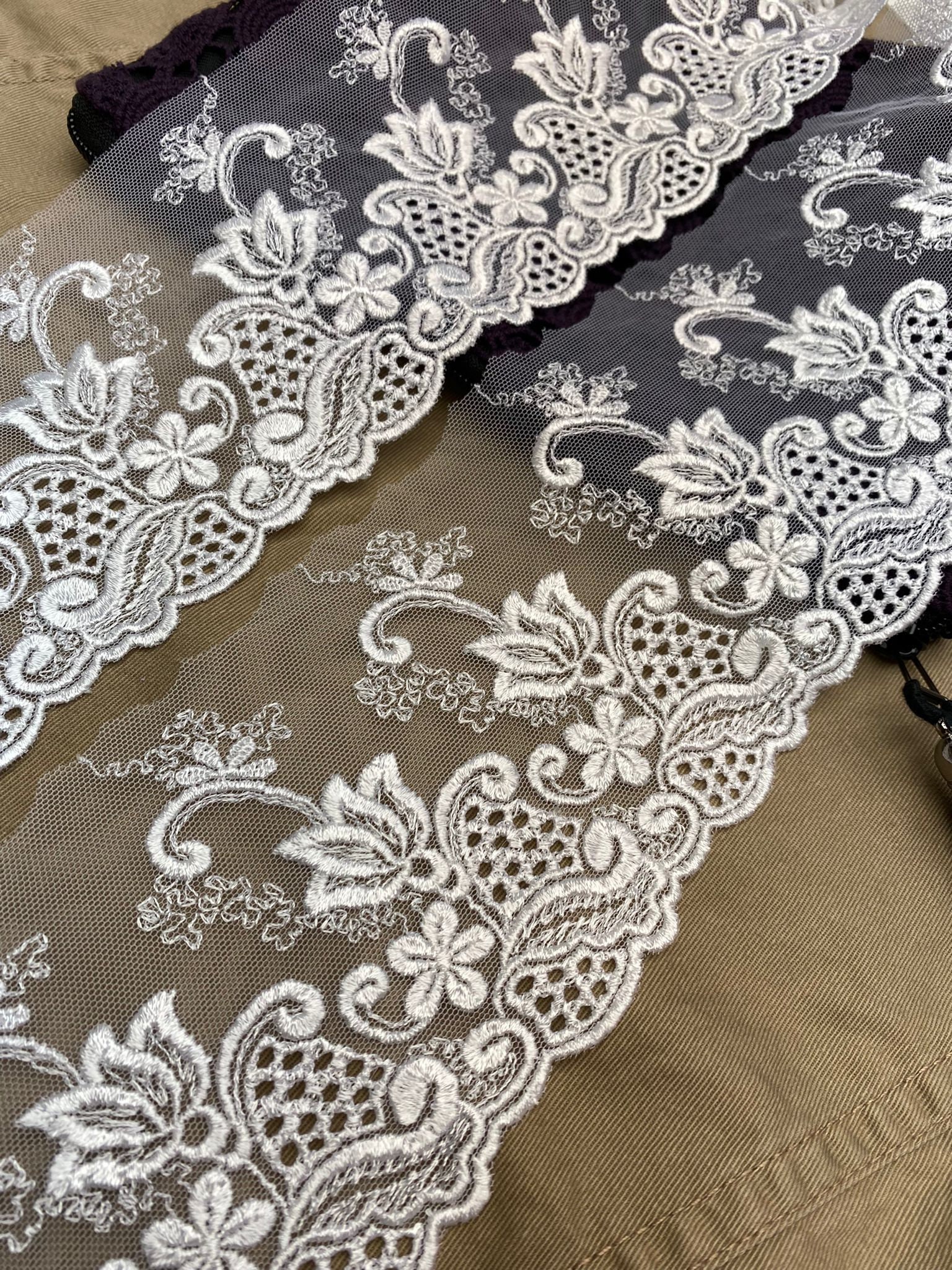 Vintage Floral Double Scalloped Edge Embroidered Tulle Lace Trim, Rayon ...