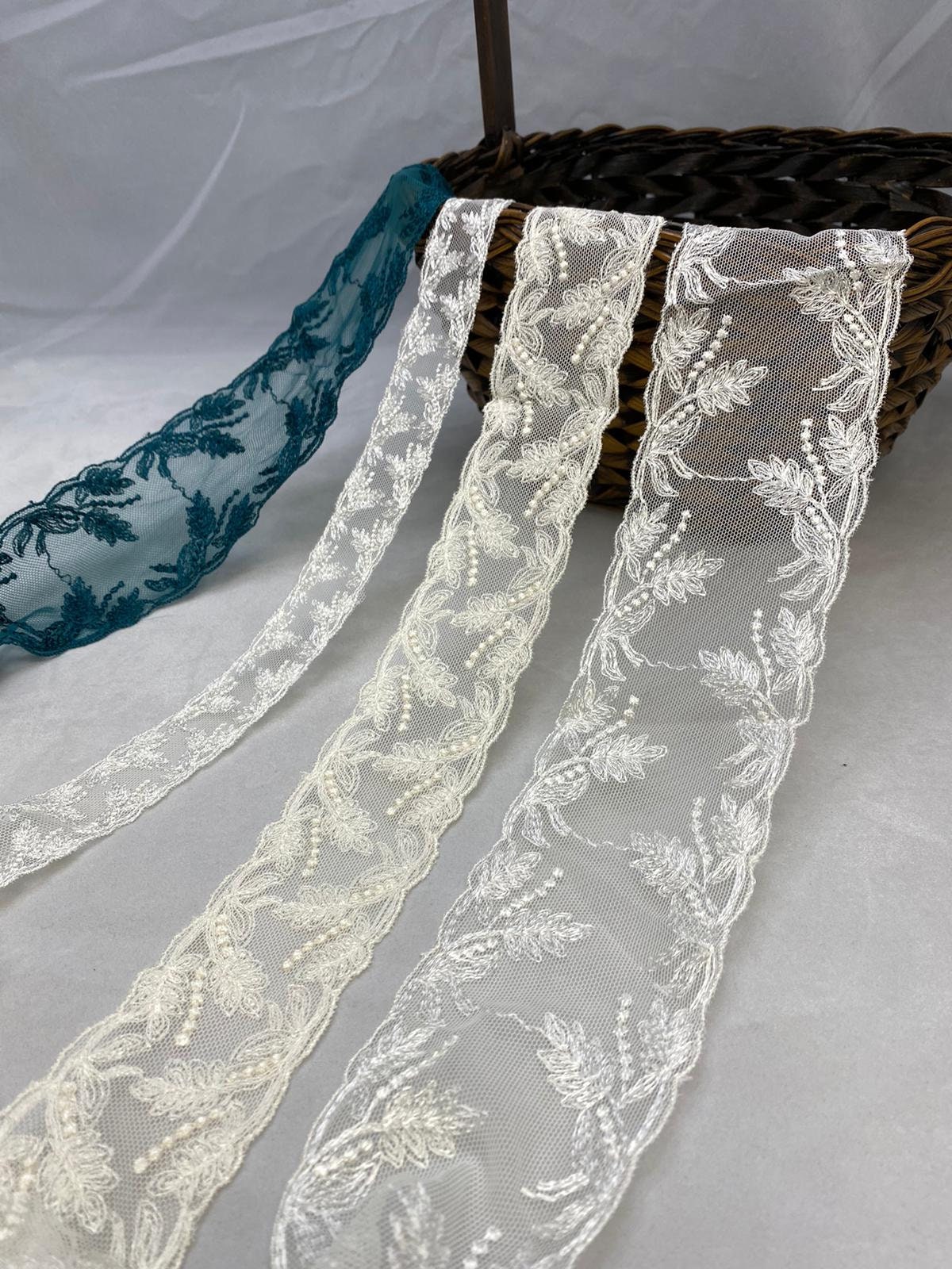 Floral Double Scalloped Edge Embroidered Tulle Lace Trim, Rayon, 1 1 3/ ...