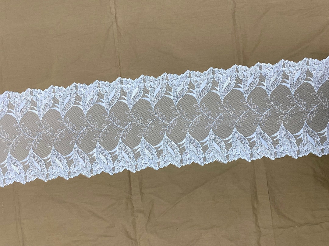 White Leafy Galloon Scalloped Edge Embroidered Tulle Lace Trim, Rayon ...
