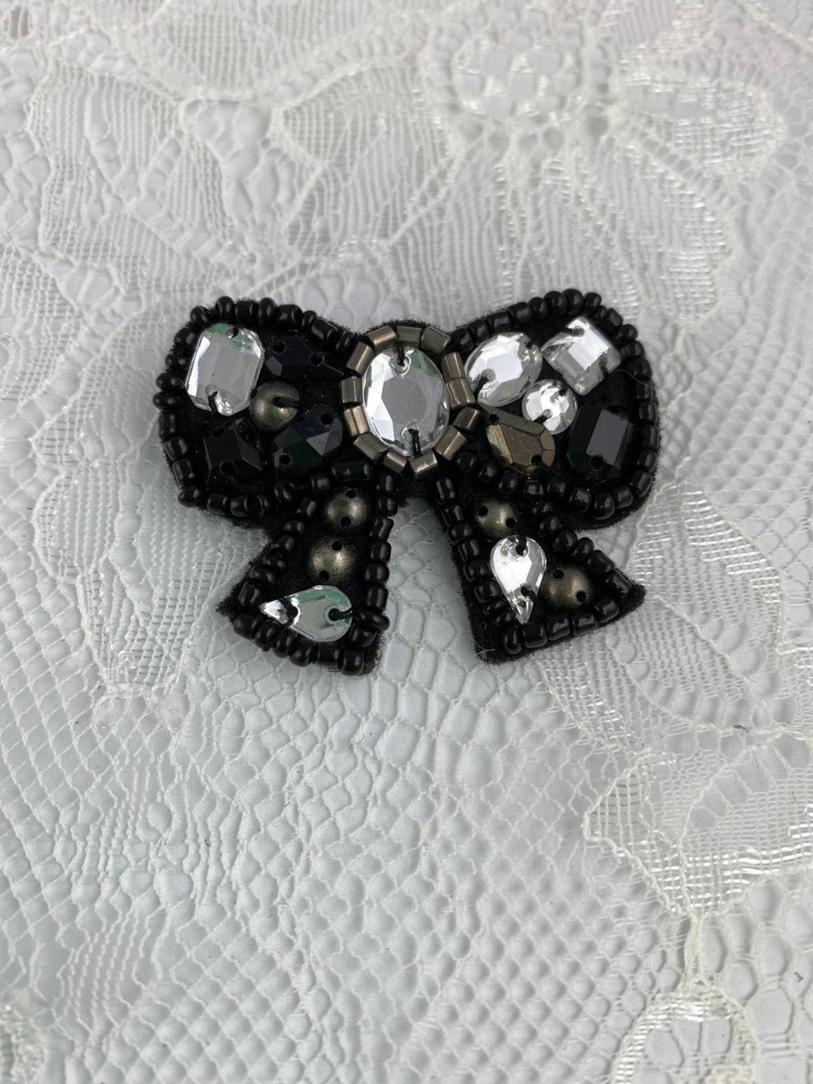 Black Beaded Bow Tie Brooch Pin, Women Brooch, Dress Brooch, Bag Brooch ...
