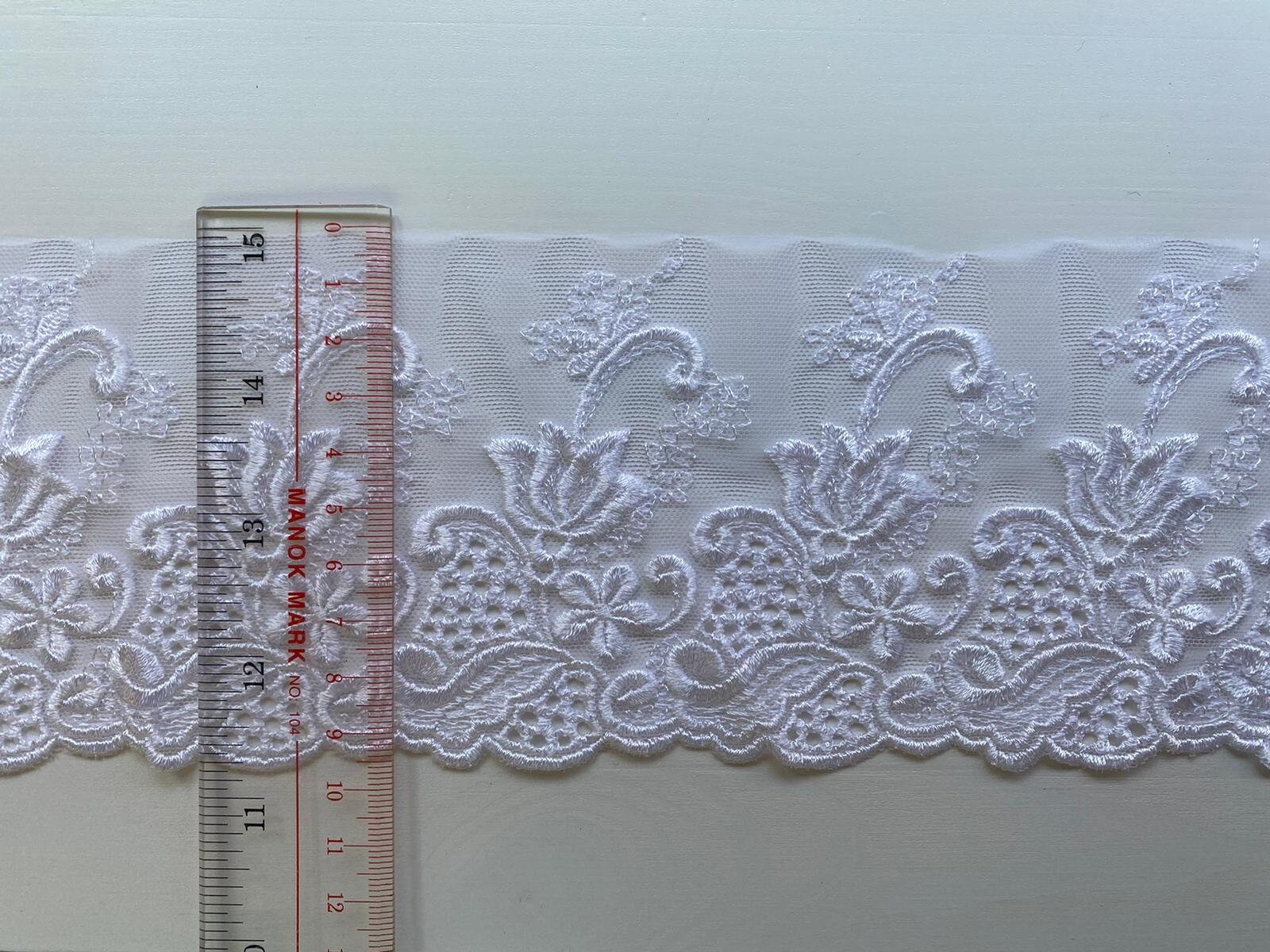Vintage Floral Double Scalloped Edge Embroidered Tulle Lace Trim, Rayon ...