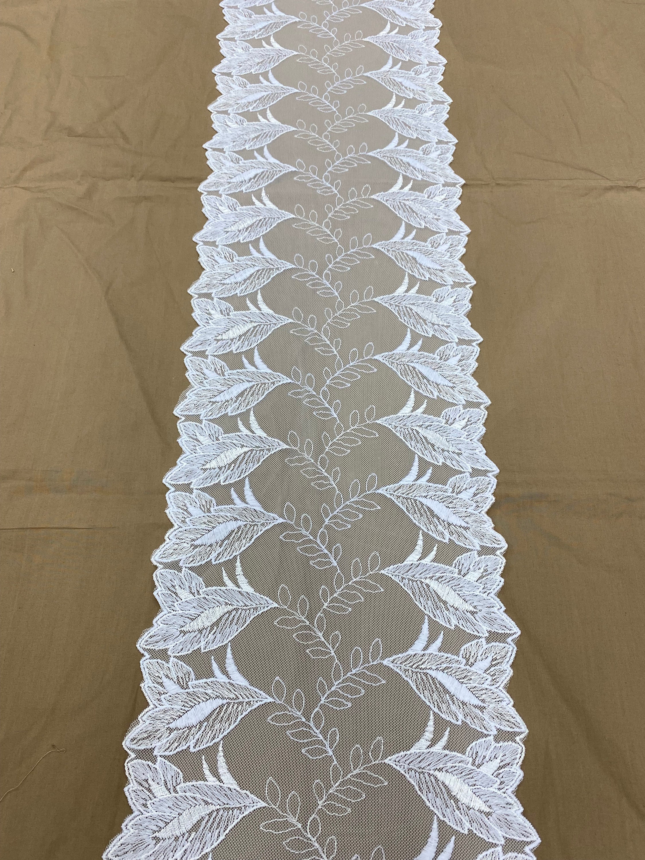 White Leafy Galloon Scalloped Edge Embroidered Tulle Lace Trim, Rayon ...