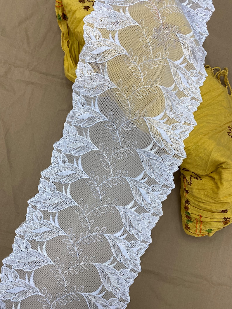 White Leafy Galloon Scalloped Edge Embroidered Tulle Lace Trim, Rayon ...