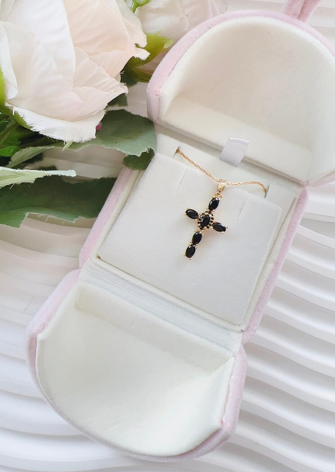 Obsidian Diamond Cross Pendant Necklace, 24K Gold, Statement Necklace ...