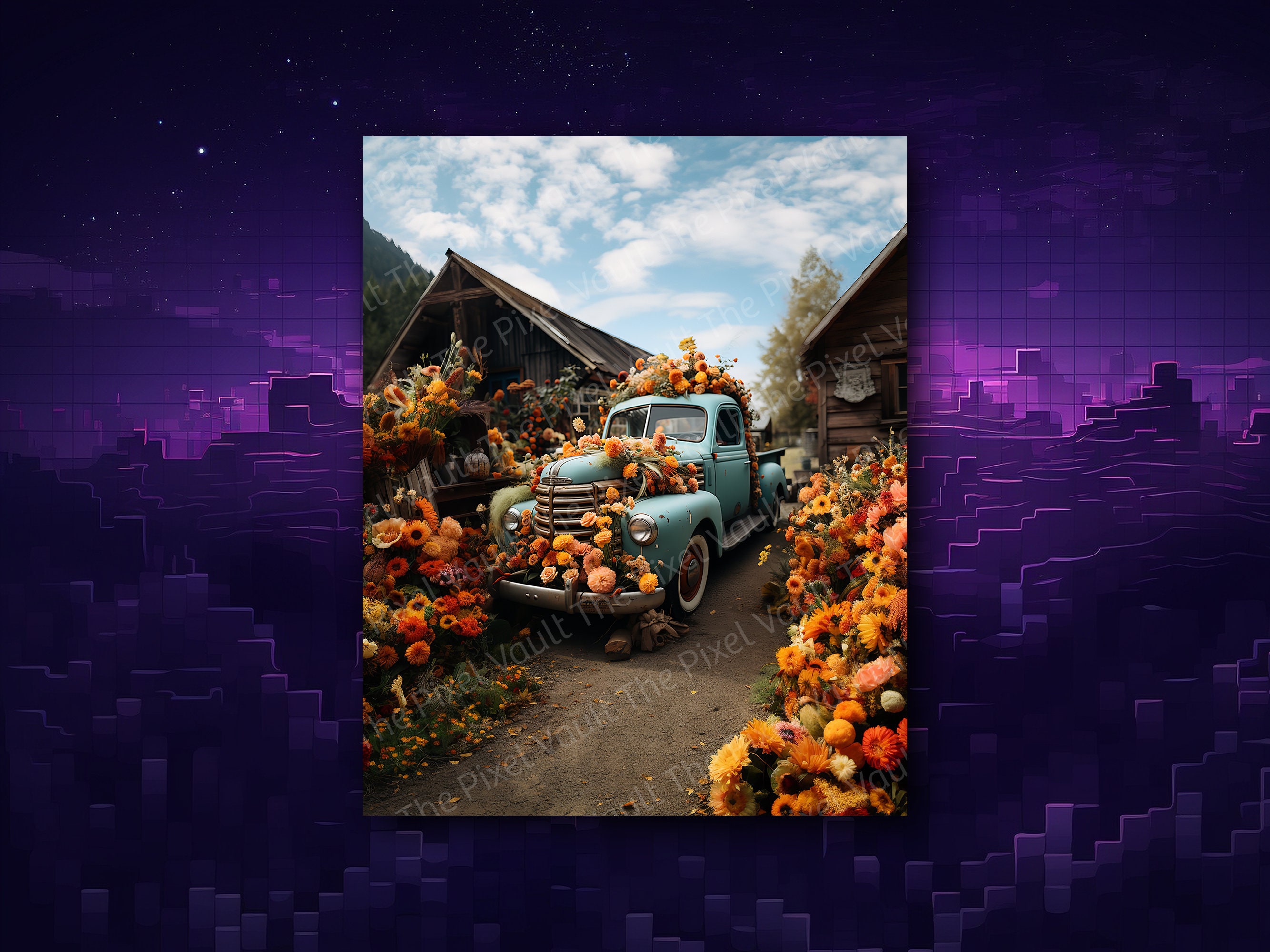 OLD Blue TRUCK Fall Theme Photos Orange Flowers Digital - Etsy