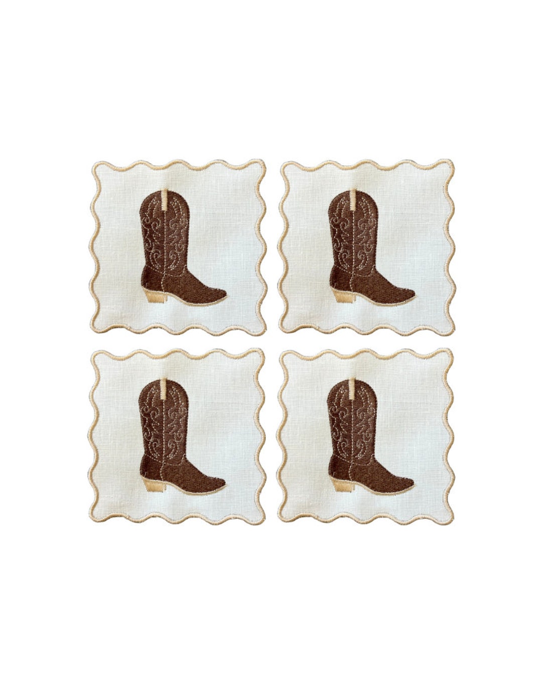 Embroidered Cowboy Boot Linen Cocktail Napkins - Scalloped Edge - Etsy