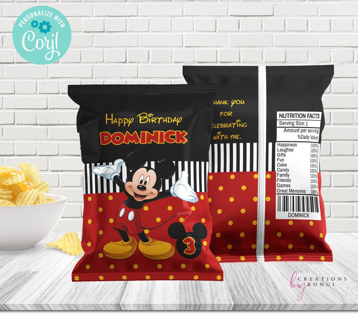 Mickey Mouse Chip Bag, Digital File, Treat Wrappers, Editable Chip Bag ...