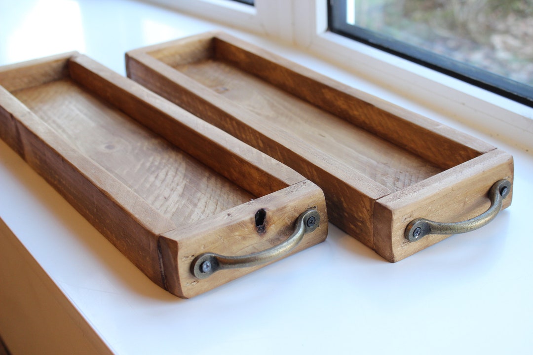 Rustic Wooden Narrow Tray With Handles/ Shallow Wooden Tray With ...