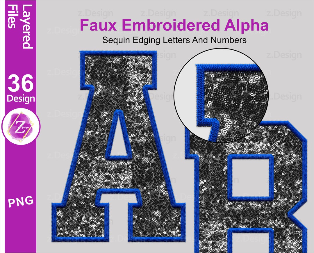 Blue and Black Faux Embroidery PNG Letters and Number Stitched Alpha ...