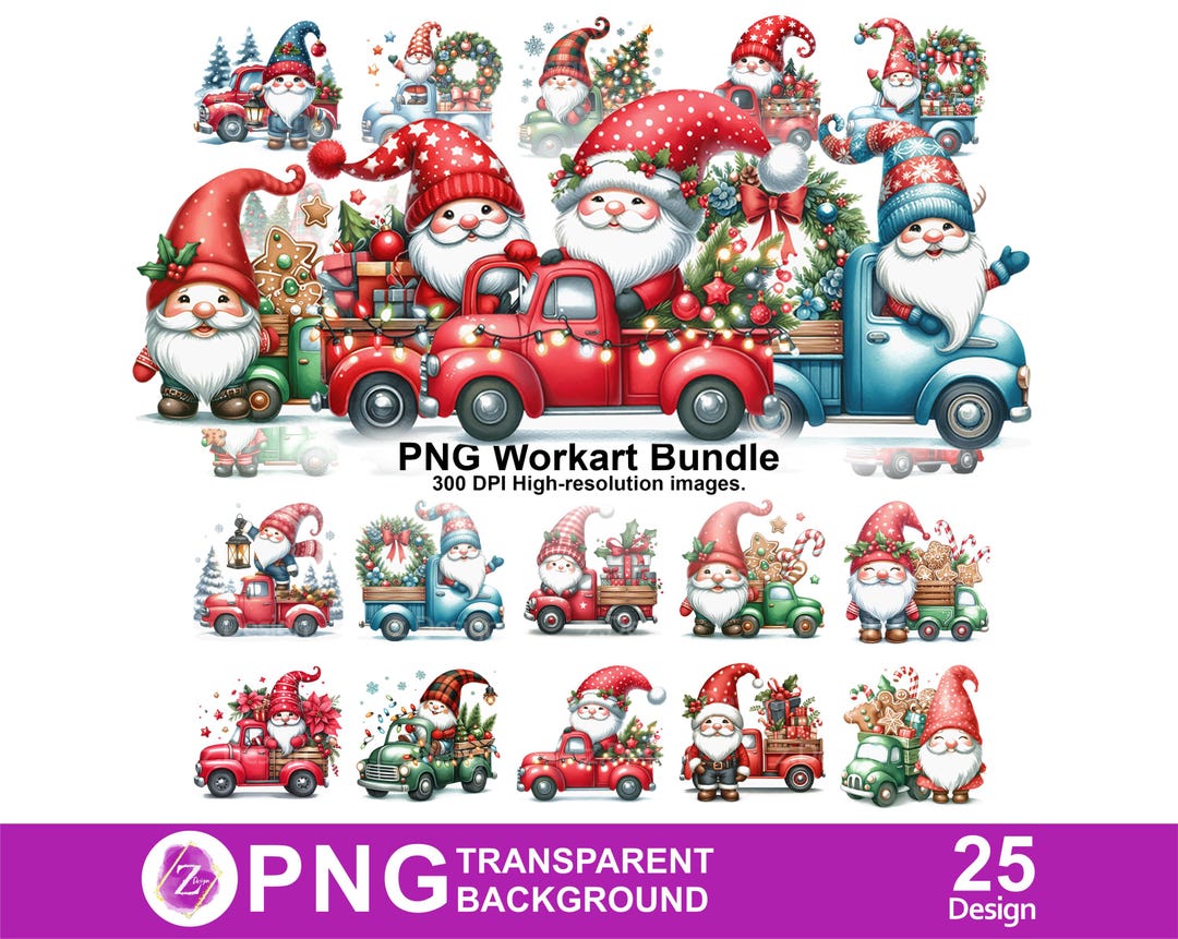 Christmas Gnome and Truck Clipart, Festive Red Truck and Gnome ...