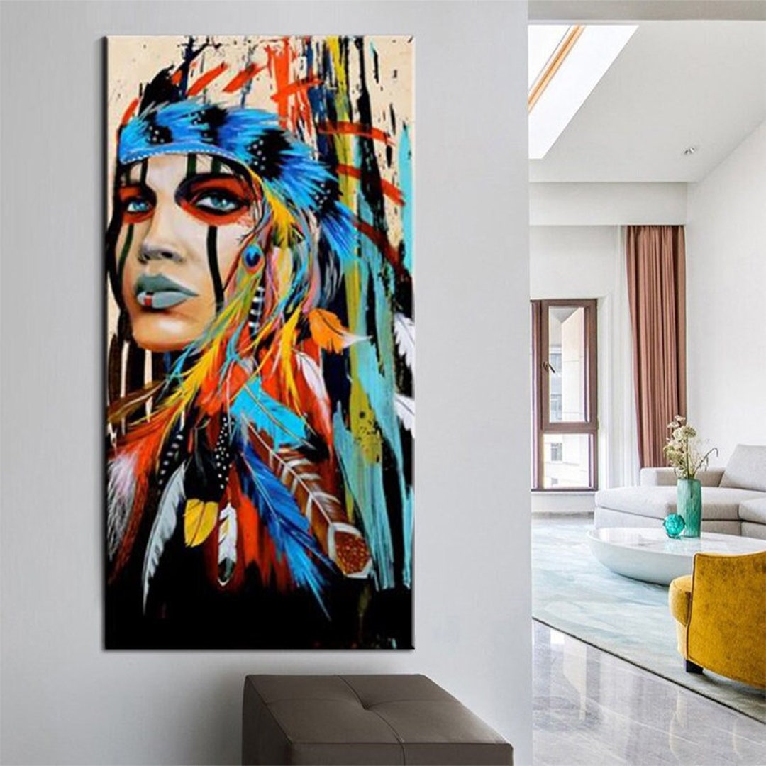 Native American Female Canvas Wall Art, Indians Girl Colorful Feather ...