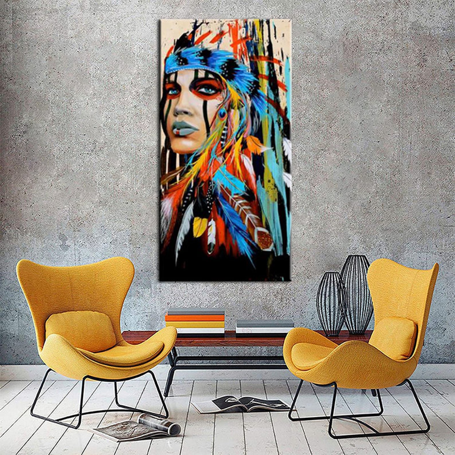 Native American Female Canvas Wall Art, Indians Girl Colorful Feather ...