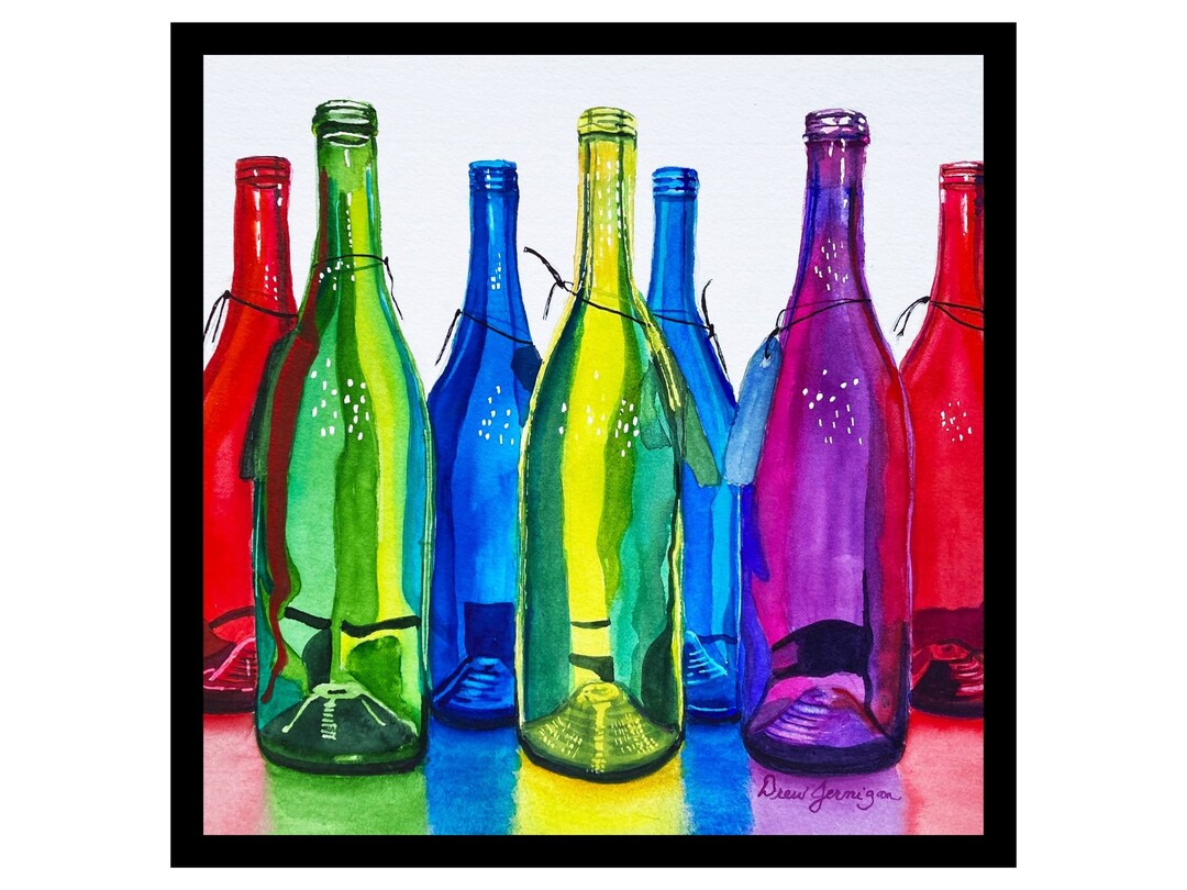 Square Backlit Watercolor Multi-colored Glass Bottles Print - Etsy