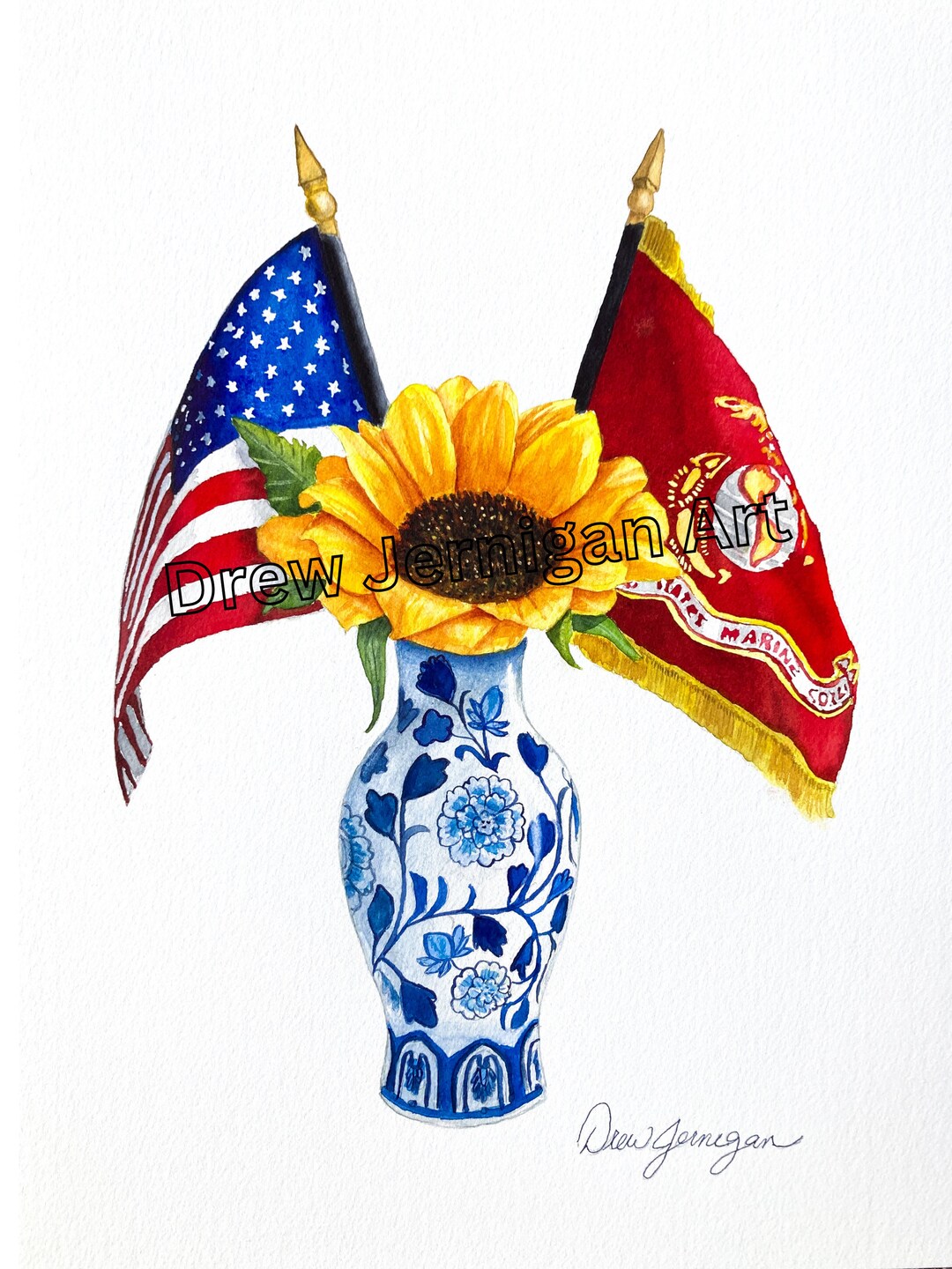 Set of 6 Notecards USMC Flag and Sunflower "semper Sunny" Watercolor ...