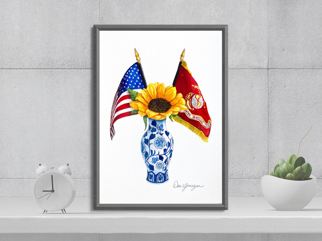 USMC Flag and Sunflower "semper Sunny" Watercolor Print - Etsy