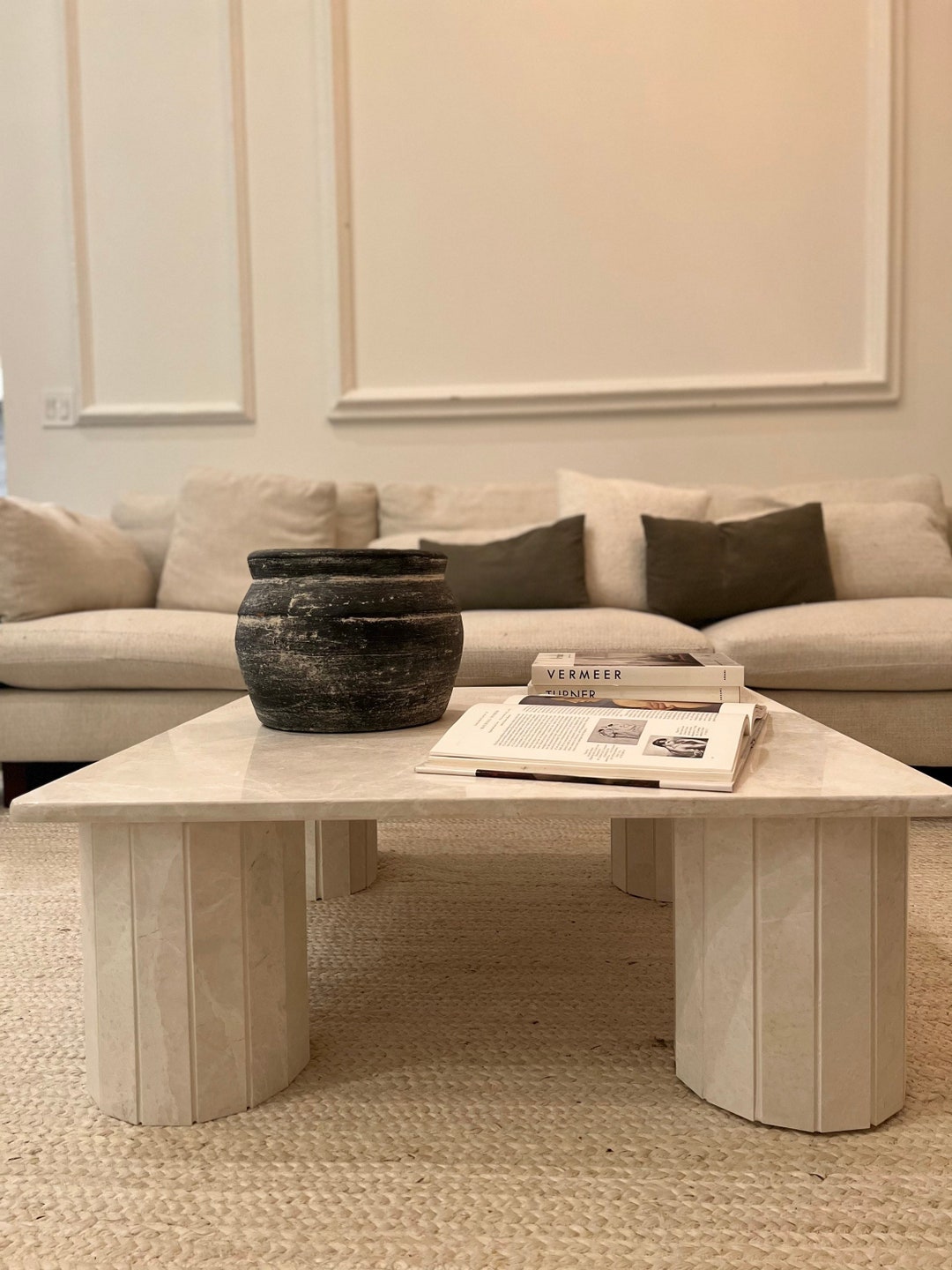 Square Marble Coffee Table With Round Slat Marble Legs - Etsy