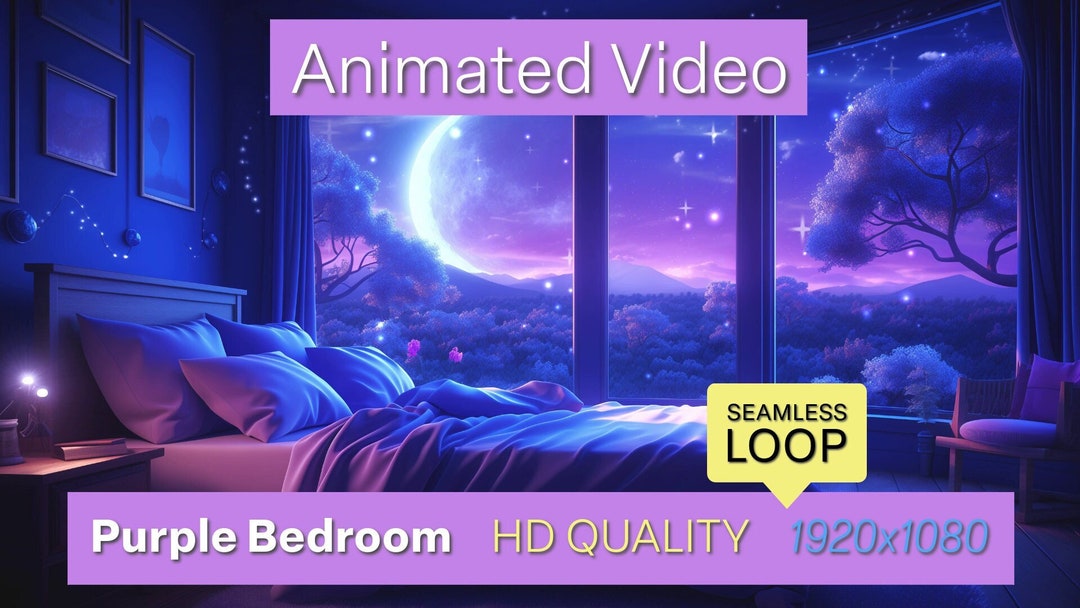 Glowing Purple Night Bedroom | LOOPING Animated Background | Animated ...