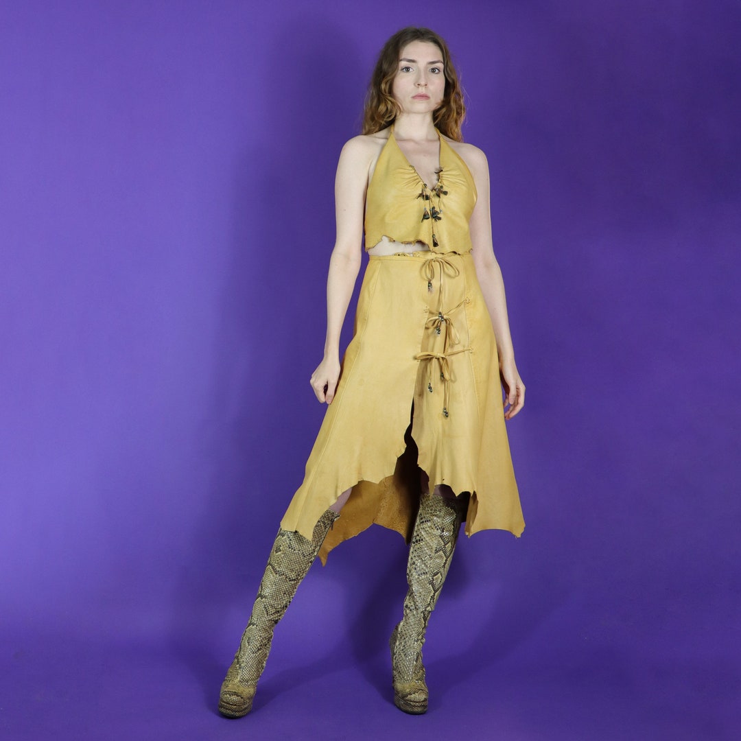 Vintage 1970s Hippie Buckskin Skirt & Halterneck Top Set - Etsy