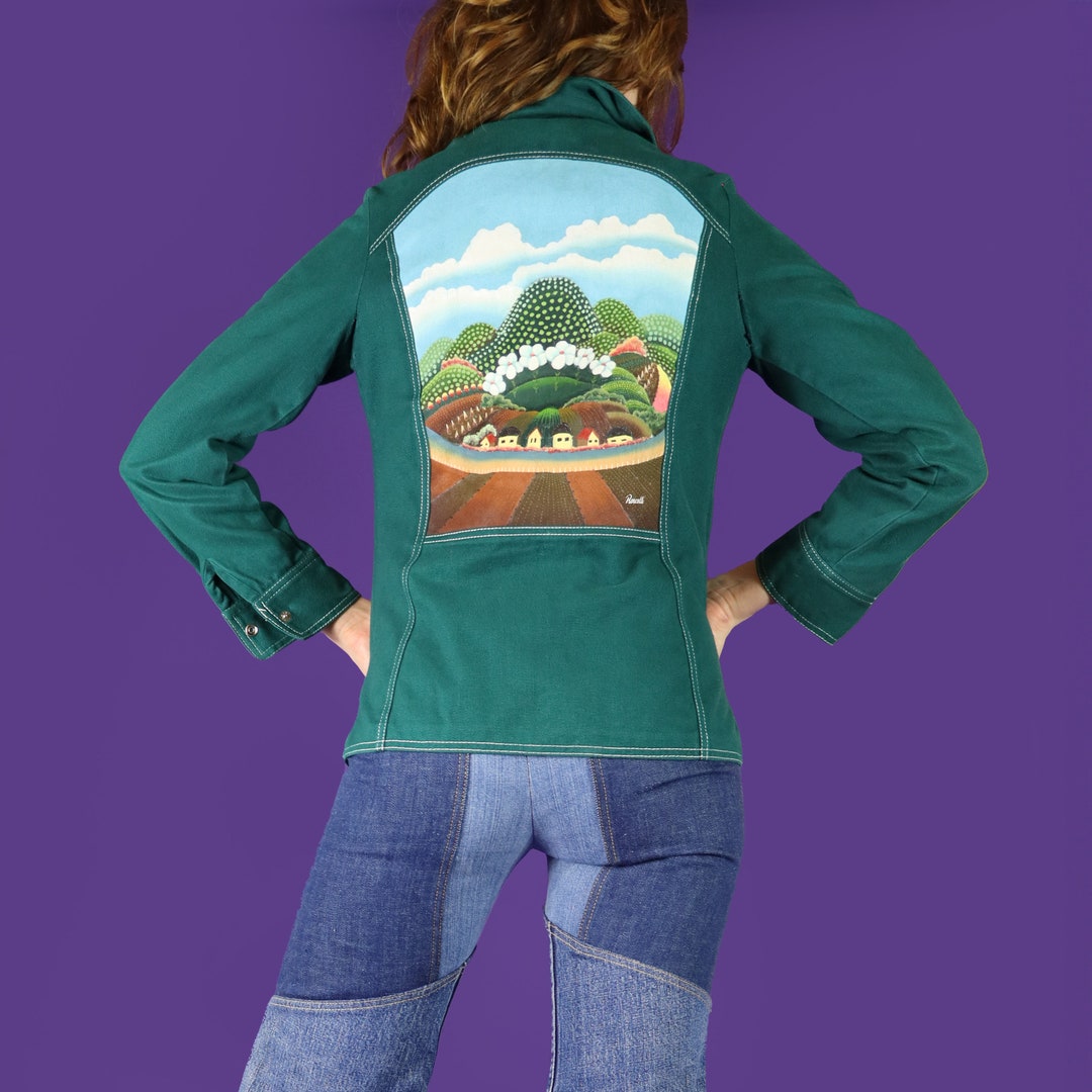 Vintage 1970s Roncelli Hand Painted Green Denim Jacket - Etsy