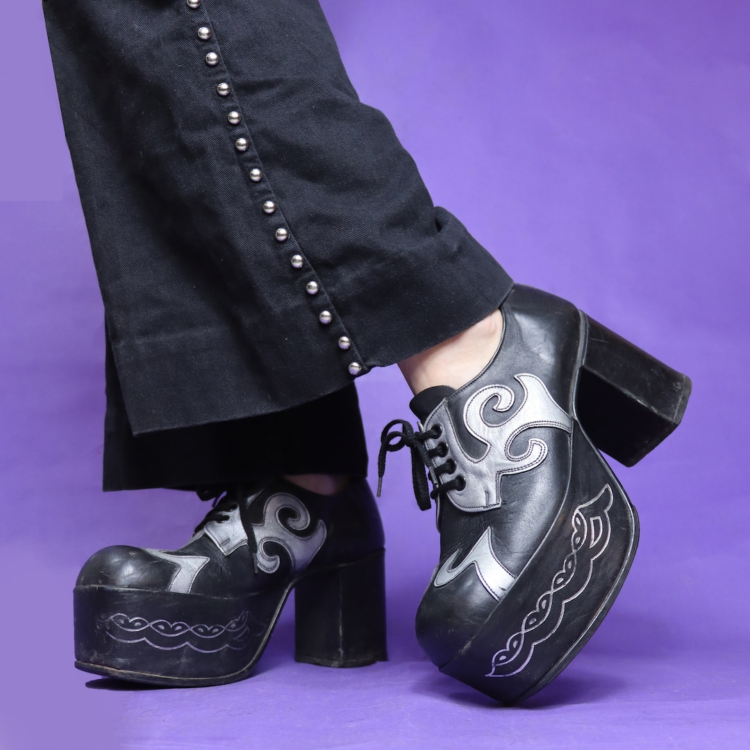 Rare Vintage 1970s Platform Shoes Black and Silver Swirl - Etsy
