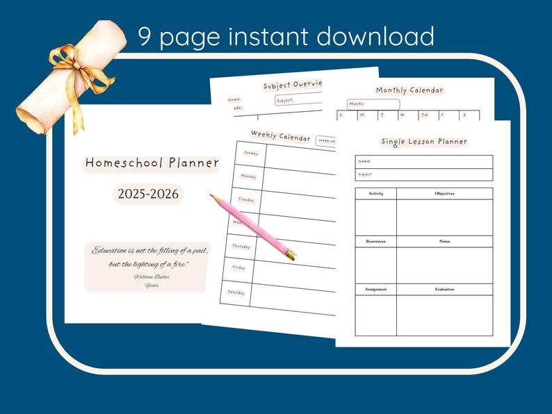 Homeschool Planner Printable, Daily & Weekly Lesson Plan Pages, 9-page ...