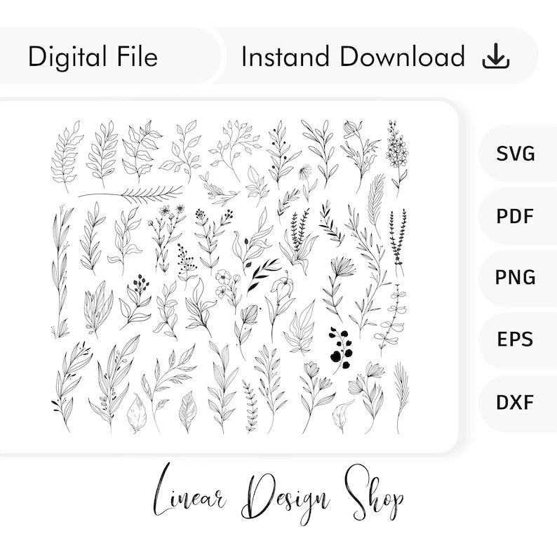 Hand Drawn Leaf Line Art SVG Bundle, Botanical Vector Pack (digital ...