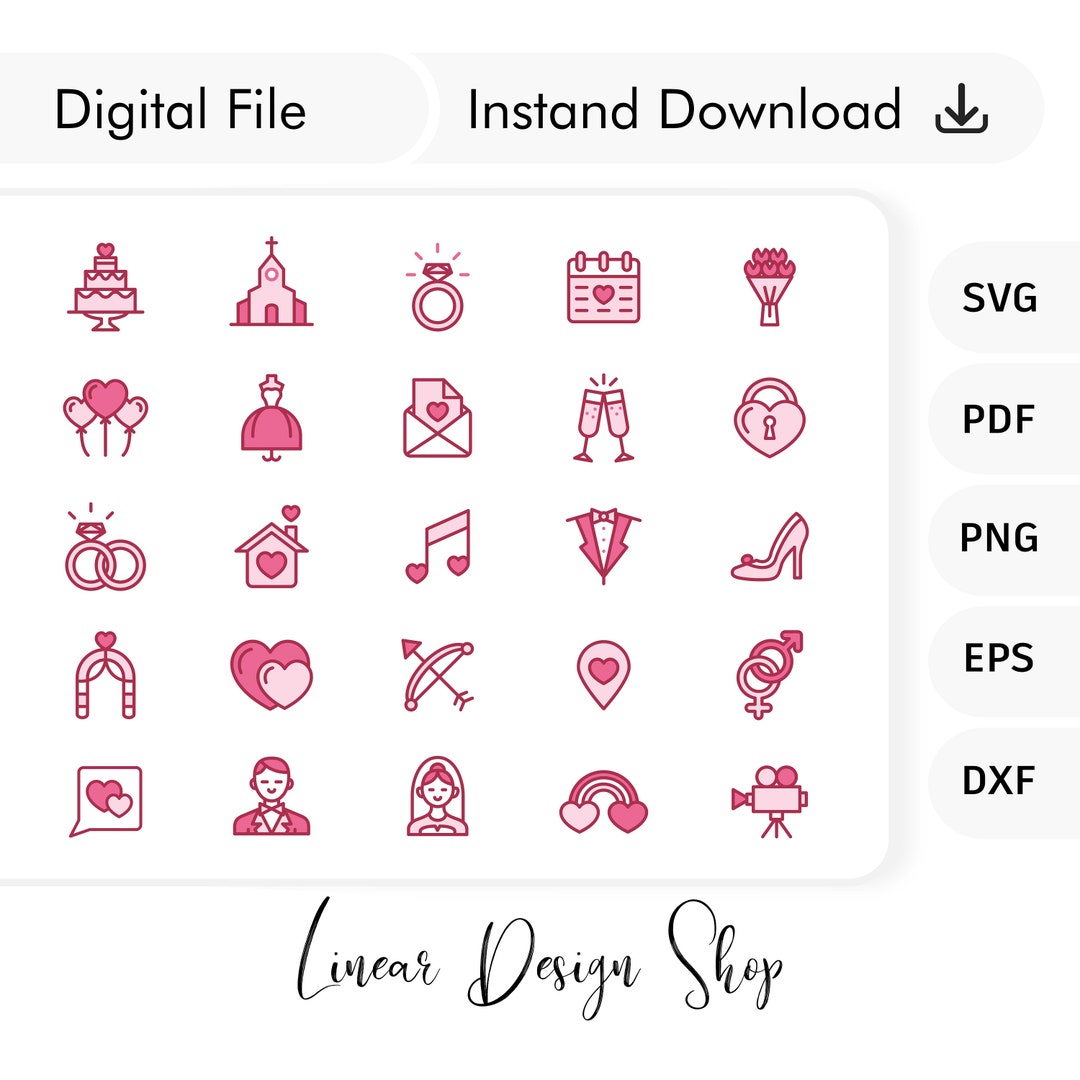Color Line Icons Set, Wedding Icon Bundle, Pink Wedding Icon, Wedding ...