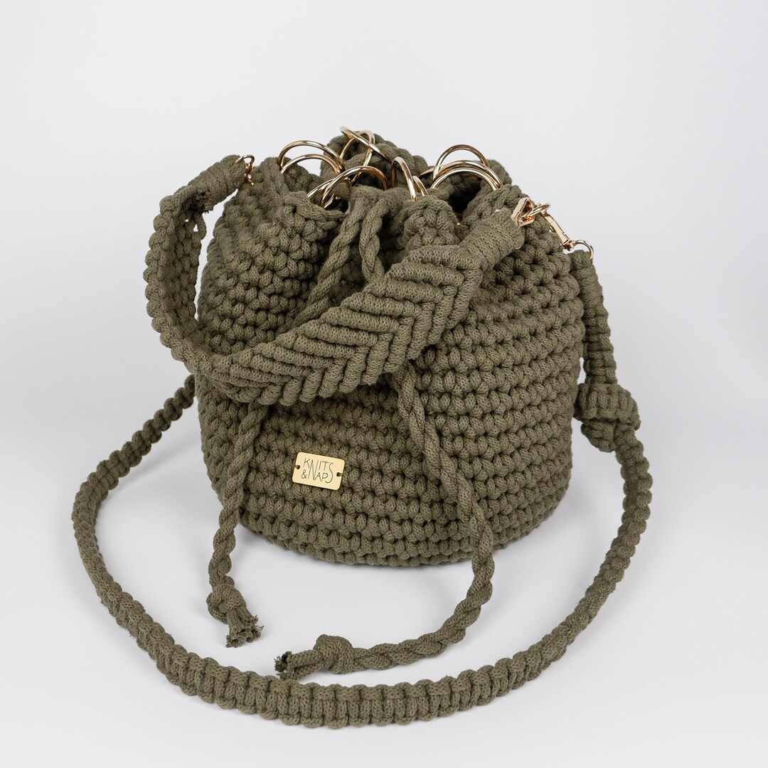 Olive Green Bucket Bag - a Handmade Crochet Draw-string Round-bottomed ...