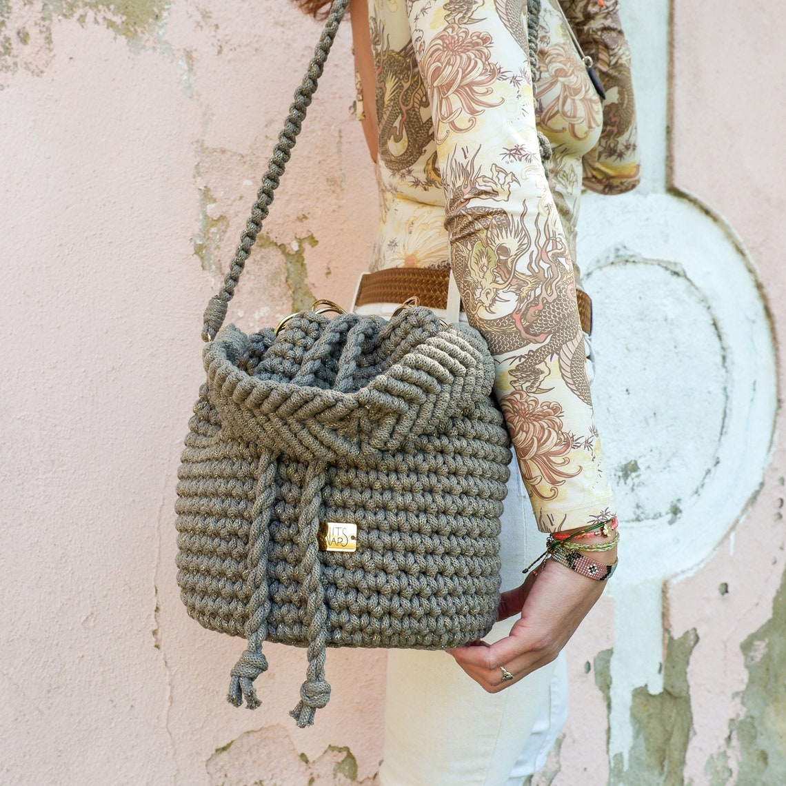 Mokka golden Bucket Bag a Handmade Crochet Draw-string Round-bottomed ...