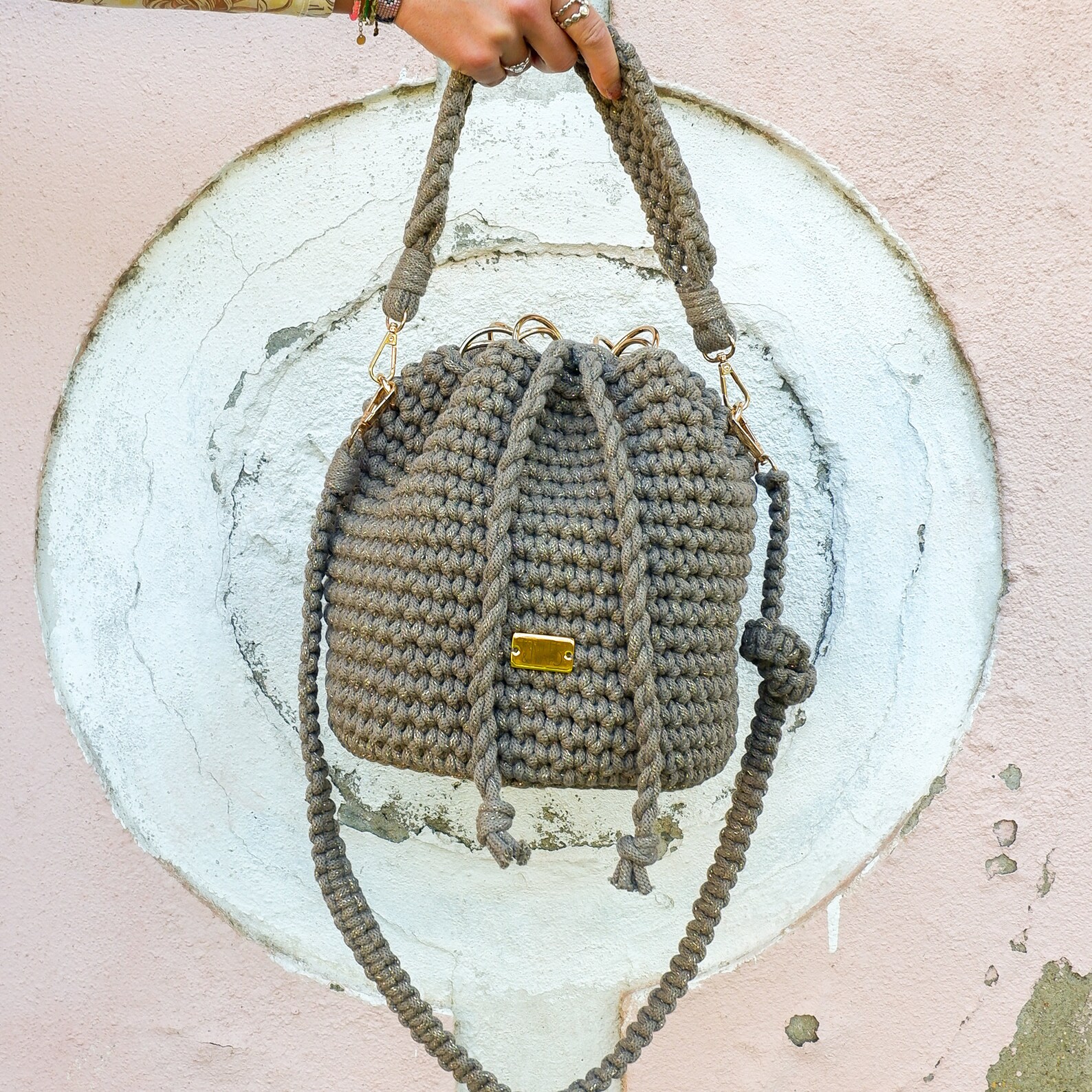 Mokka golden Bucket Bag a Handmade Crochet Draw-string Round-bottomed ...