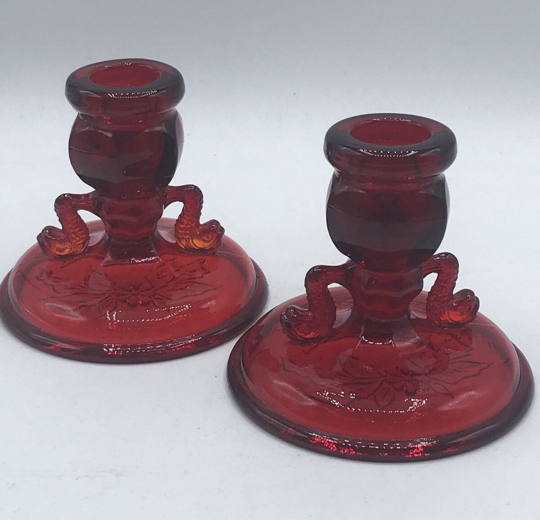 2 Fenton Dolphin Ruby Red Single Taper Candlestick Holders Round Base Embossed Flowers - Etsy