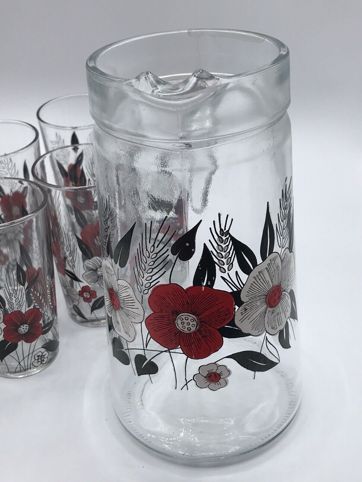 Cerve Glass Juice Pitcher & 6 Glasses Black/red and White Flowers Made ...